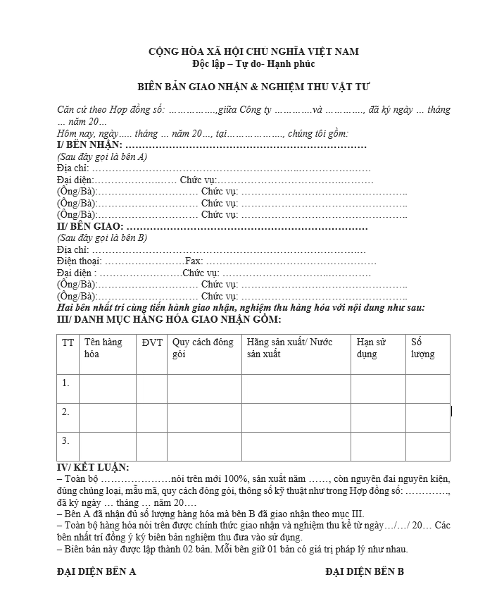 Tải mẫu biên bản giao nhận hàng hóa file word, excel mới